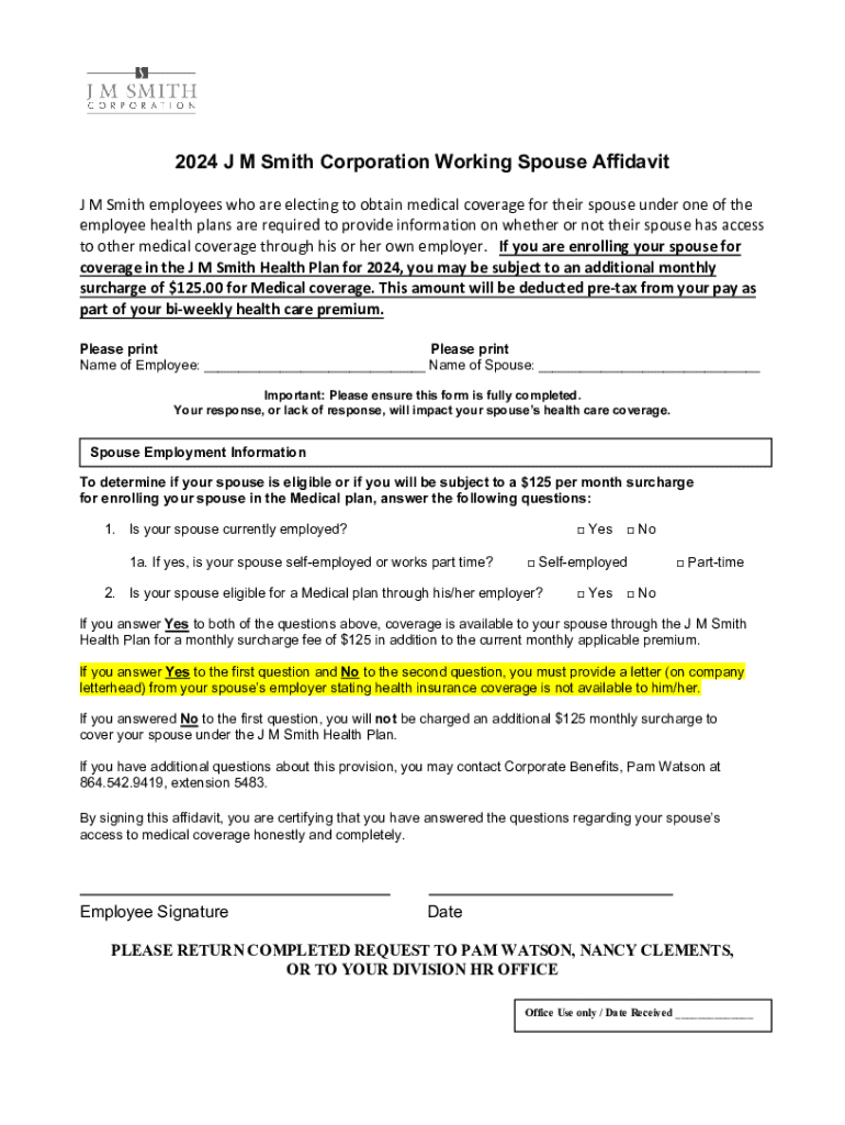 Fillable Online 2024 J M Smith Corporation Working Spouse Affidavit Fax ...