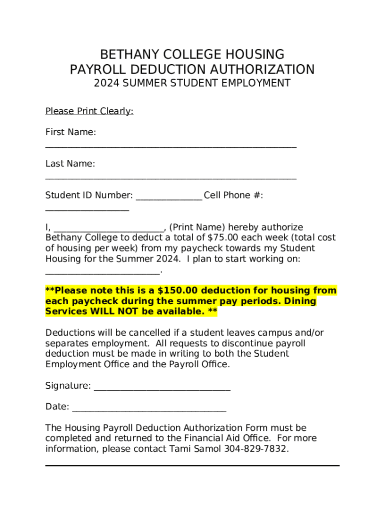Summer Housing Payroll Deduction Authorization Doc Template | pdfFiller