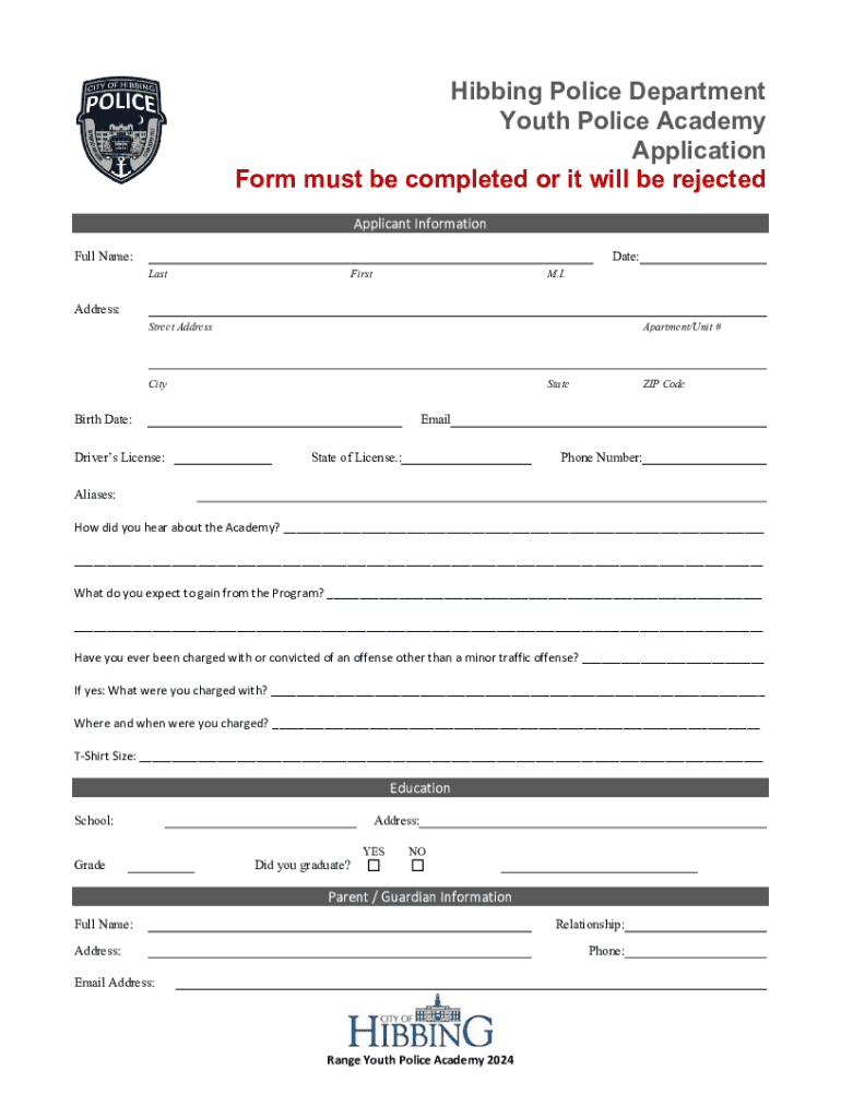 Fillable Online Hibbing Police Department Youth Police Academy ...