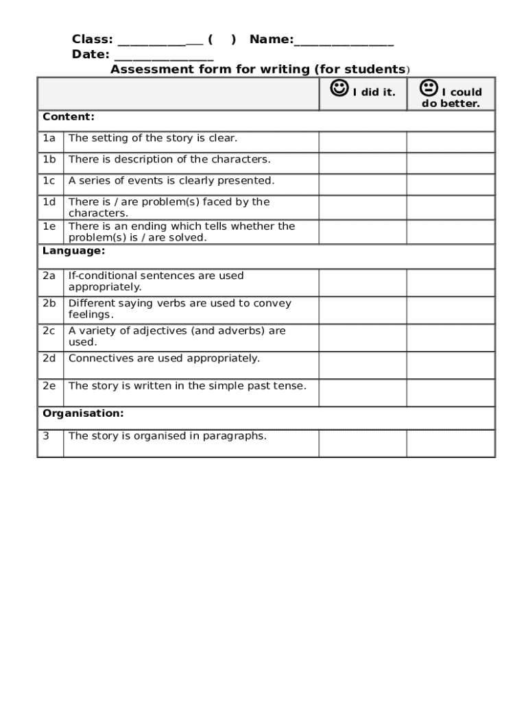 Assessment for writing (for students) Doc Template | pdfFiller