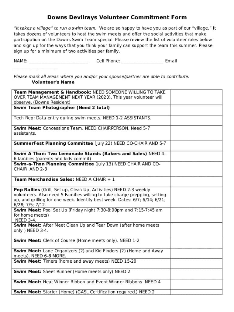 Downs Devilrays Volunteer Commitment Doc Template | pdfFiller