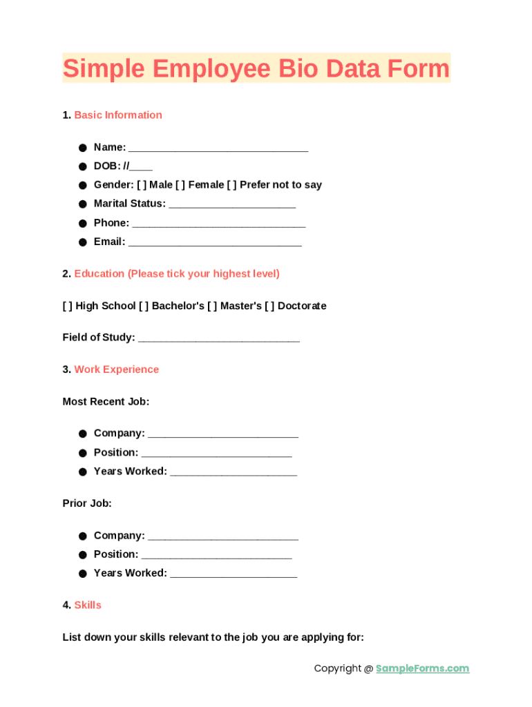 Simple Employee Bio Data Doc Template | pdfFiller