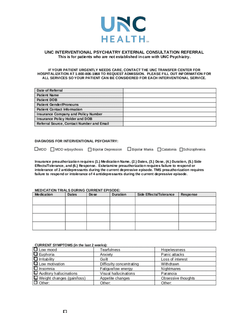 UNC HOSPITALS ADULT PSYCHIATRIC INPATIENT REFERRAL Doc Template | pdfFiller