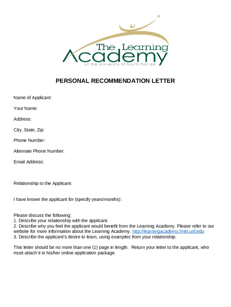 Personal Recommendation Letter Examples - learningacademy fmhi usf Doc ...