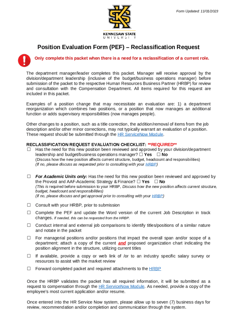 Reclassification Request - Position Evaluation (PEF) Doc Template | pdfFiller