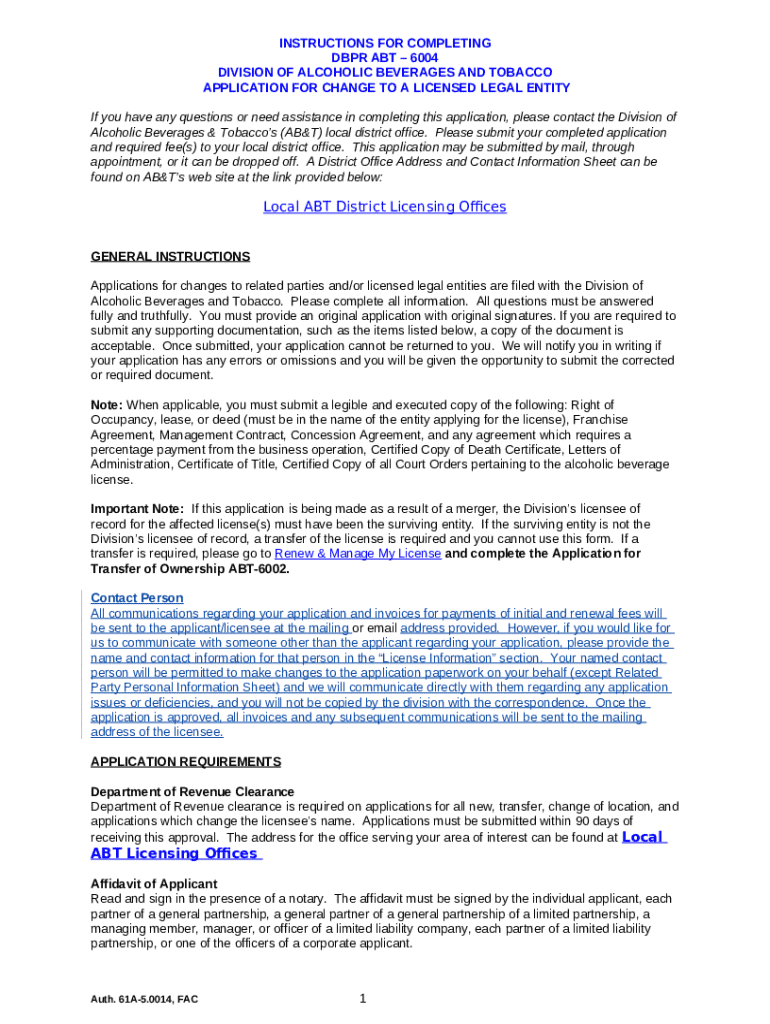 2013-2024 FL DBPR ABT-6004 Fill Online, Printable ... Doc Template ...