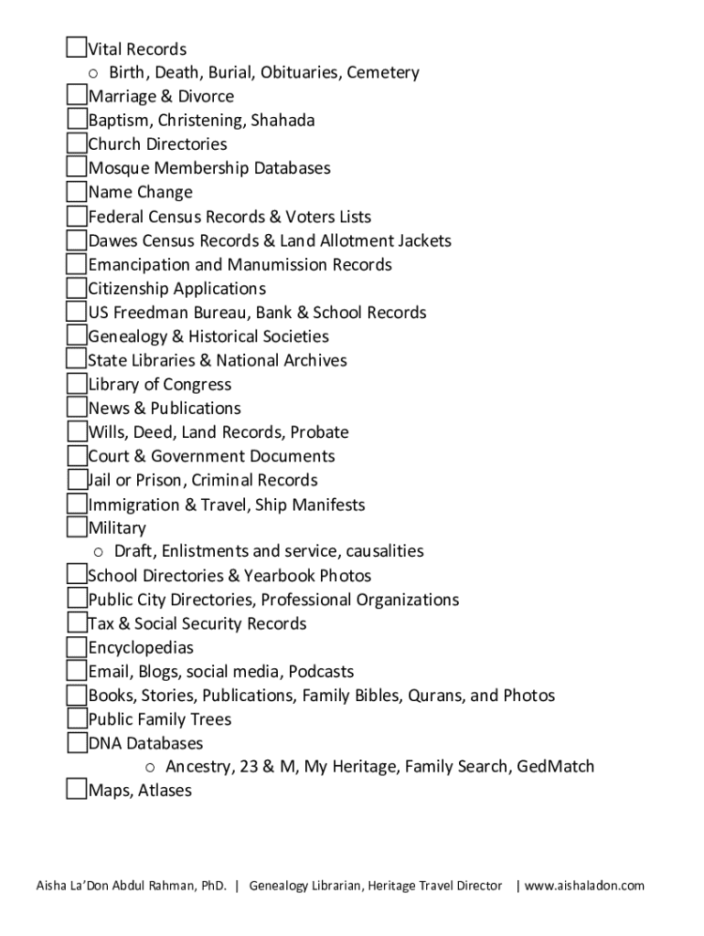 Fillable Online Genealogy Research & Family History Records Checklist ...