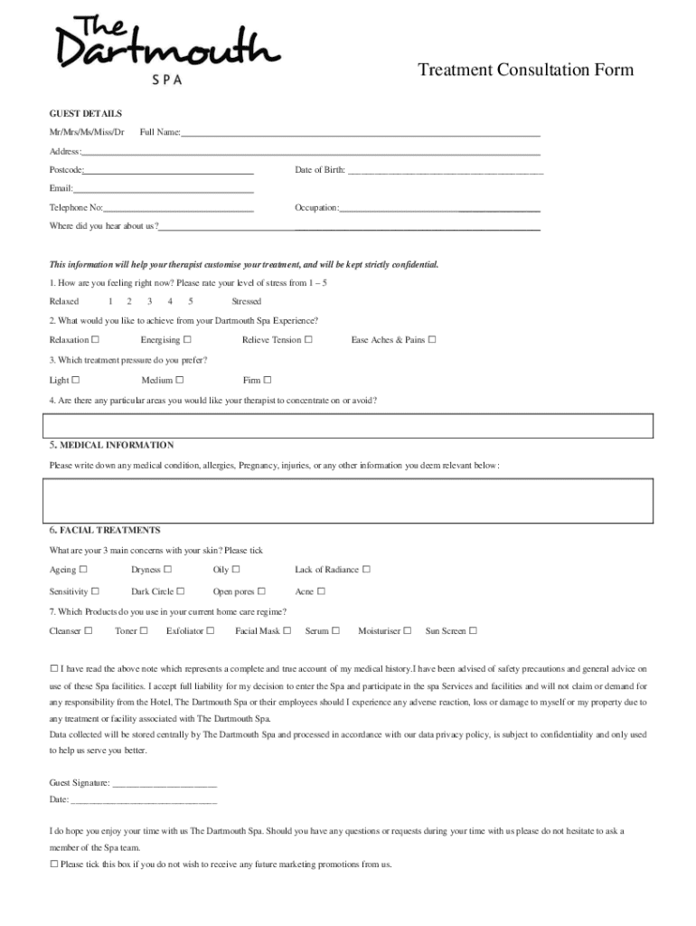 Fillable Online This information will help your therapist customise your treatment, and will be ...