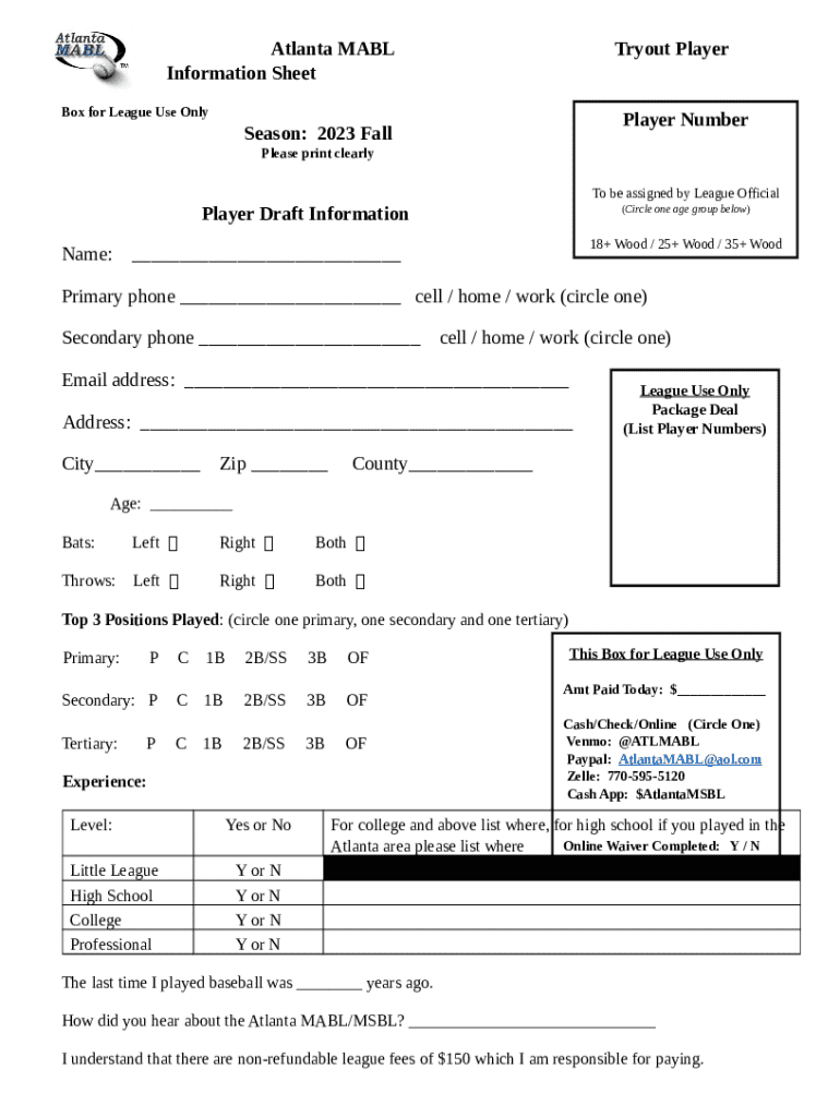 Atlanta MABL Tryout Player Ination Sheet Doc Template | pdfFiller
