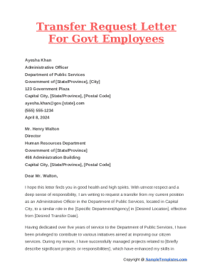transfer request letter for govt employees Doc Template | pdfFiller
