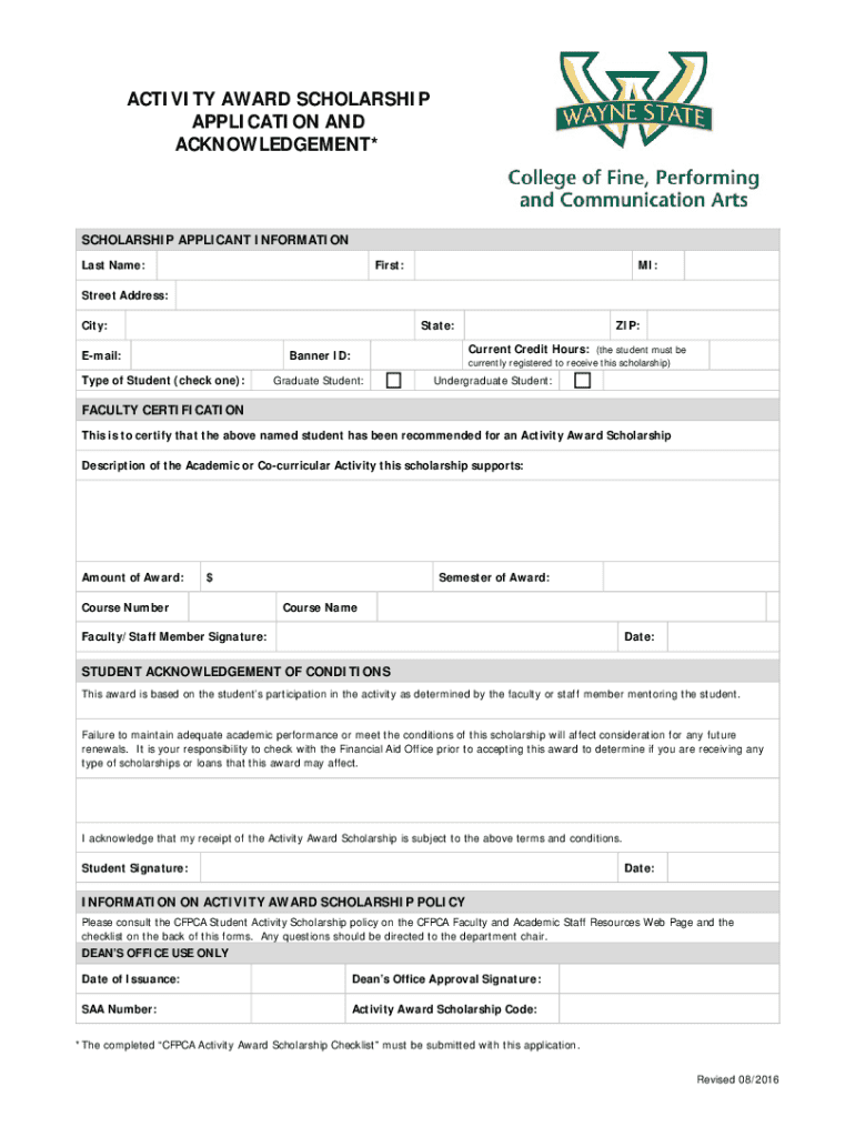 Fillable Online activity award scholarship application and ...