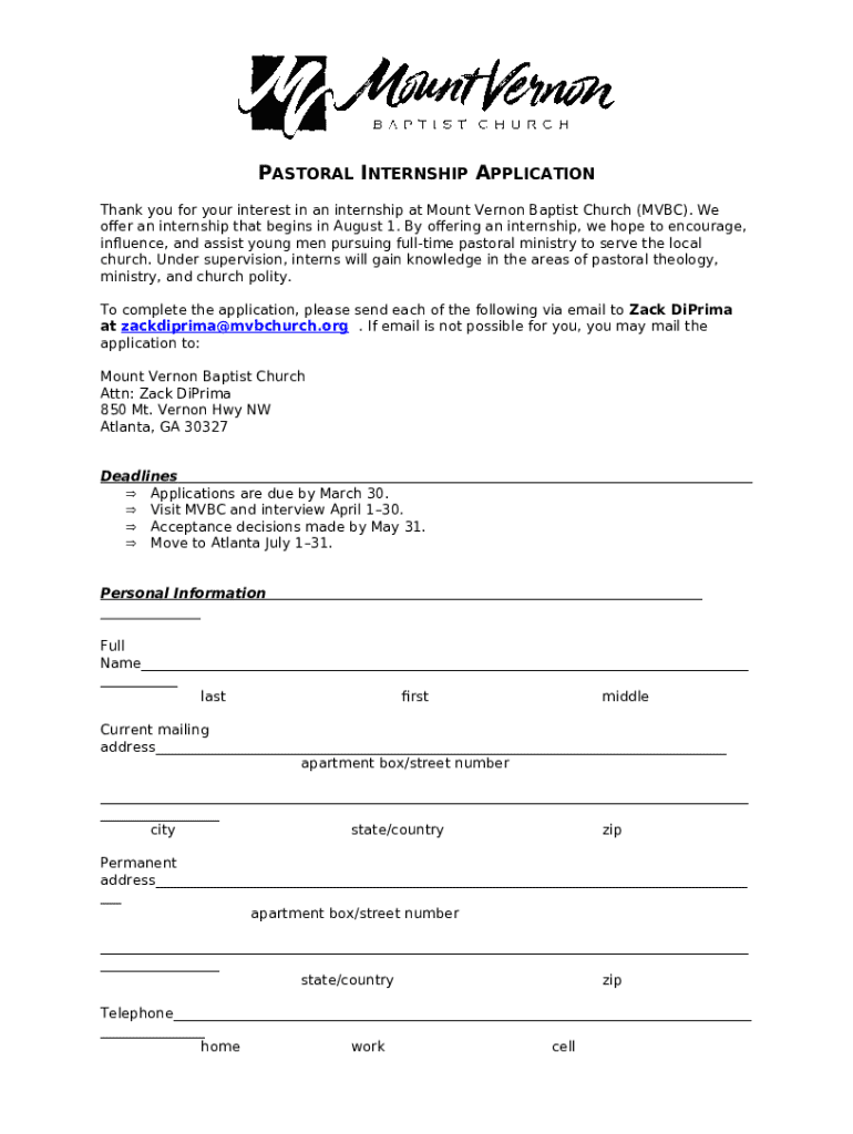 Pastoral Internship Application Personal Ination Doc Template | pdfFiller