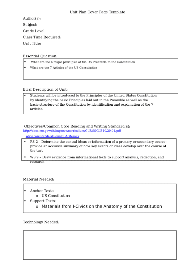 Unit Plan Cover Page Template Doc Template | pdfFiller