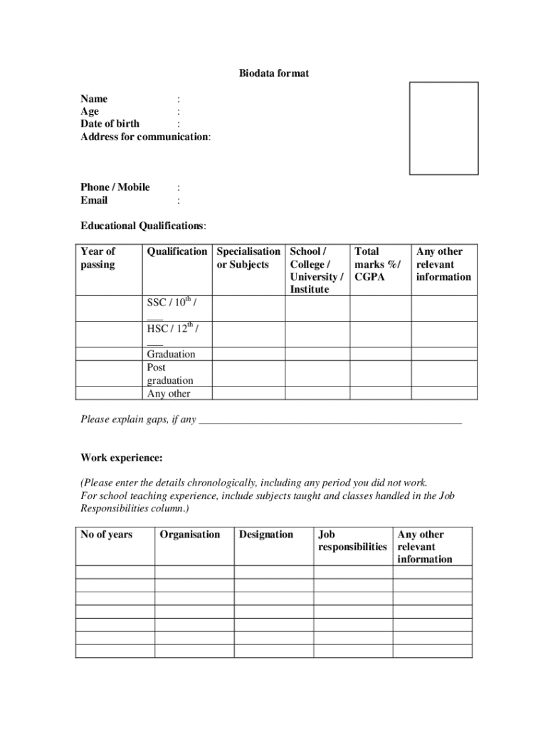 Fillable Online Bio Data Form - 264 Words Fax Email Print - pdfFiller