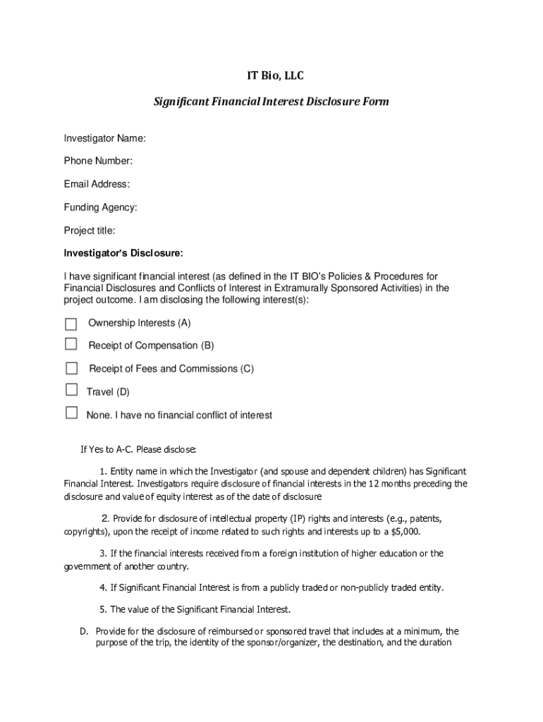 Fillable Online IT Bio, LLC Significant Financial Interest Disclosure Form Fax Email Print ...