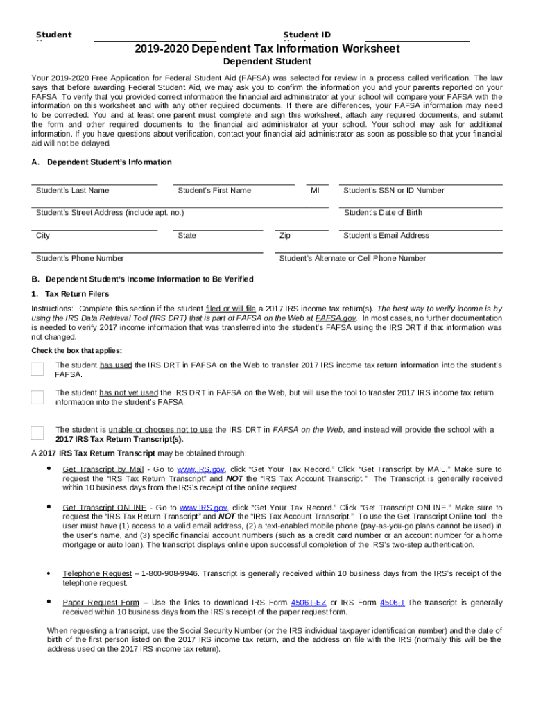 2019-2020 Student Only Tax Ination Worksheet Doc Template | pdfFiller