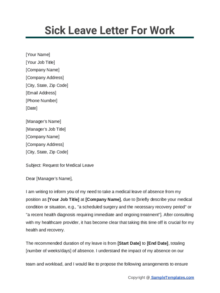 Sick Leave Letter Samples for Any Situation Doc Template | pdfFiller