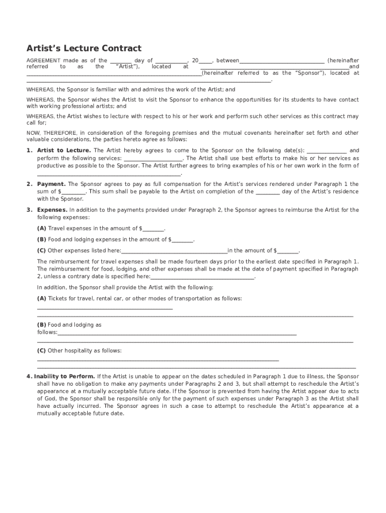 Artist's Lecture Contract - sites evergreen Doc Template | pdfFiller