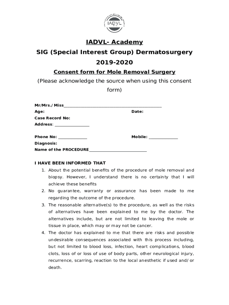 Consent Cosmetic Mole Removal Lesion Removal Doc Template Pdffiller 7797