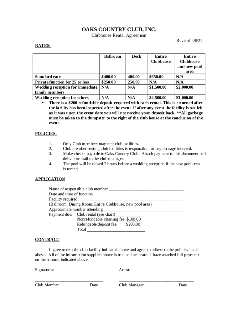 Clubhouse Rental Agreement - Oaks Country Club Doc Template | pdfFiller
