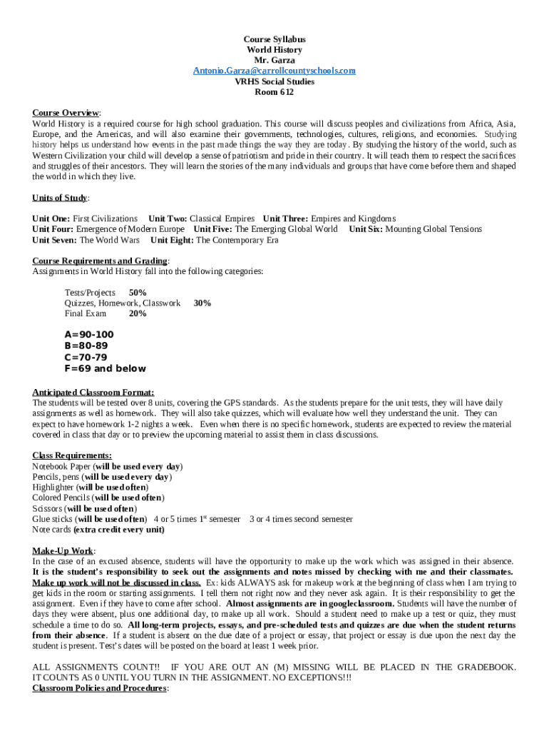 World History Syllabus and Parent Letter Doc Template | pdfFiller