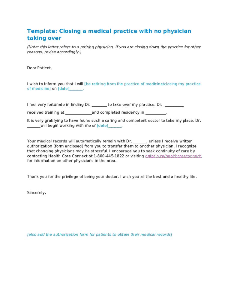 Sample Letter: Physician Discontinuing Practice Doc Template | pdfFiller