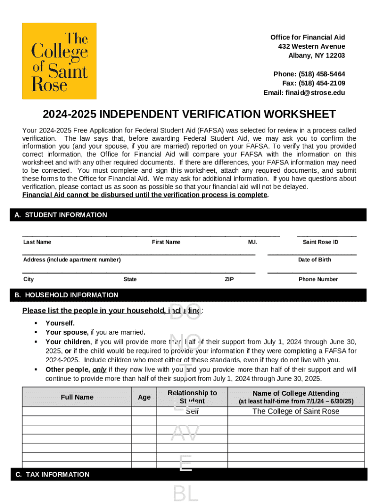 Independent Student Verification Worksheet 2024-2025 Doc Template ...