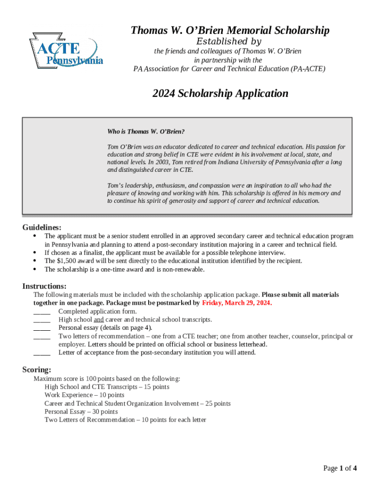Thomas W. O'Brien Memorial Scholarship (CTE Students) Doc Template | pdfFiller