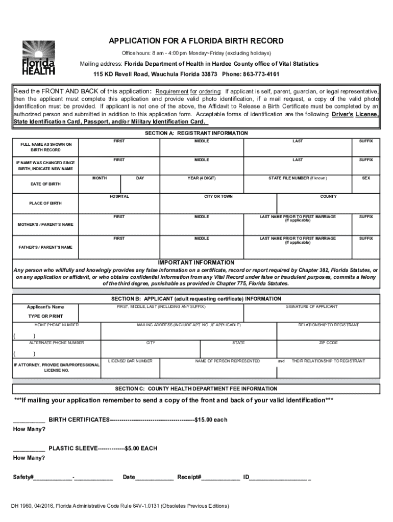 Fillable Online Birth CertificatesFlorida Department of Health in ...