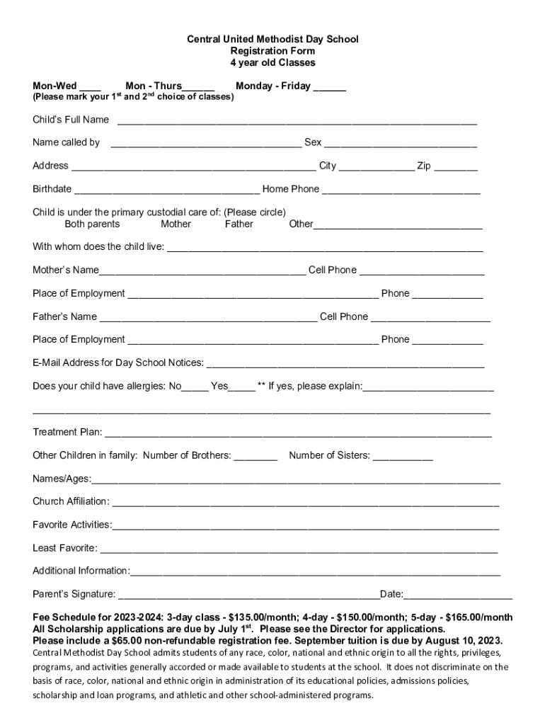 Fillable Online 2022-2023 Registration Forms, 2's and Toddler - Central Church Fax Email Print ...