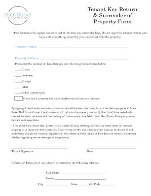 Fillable Online Tenant Key Return & Surrender of Property Form Fax ...