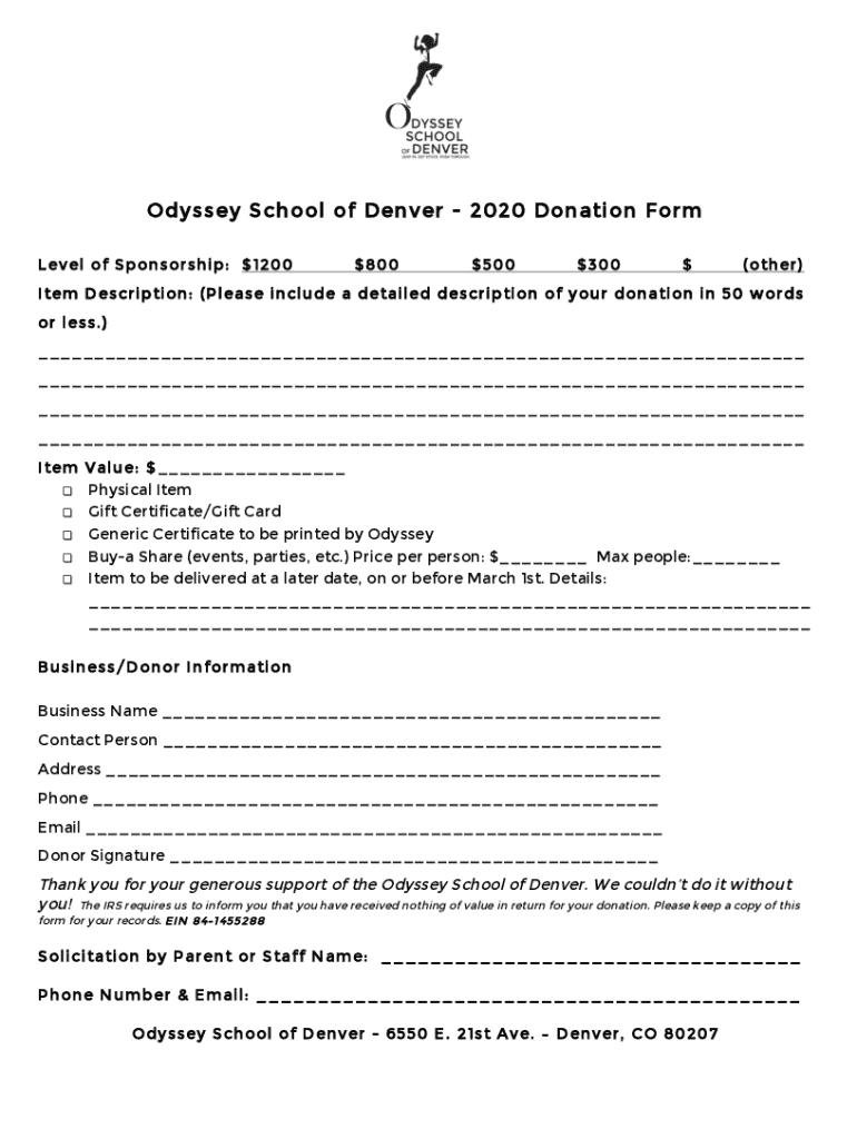Fillable Online Odyssey School of Denver - 2020 Donation Form Fax Email Print - pdfFiller