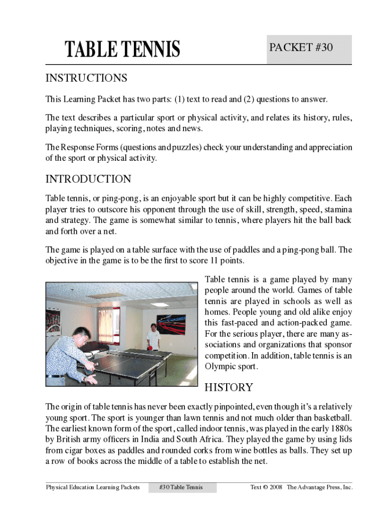 Fillable Online Table Tennis Packet 30 Answers - Fill Online, Printable ...