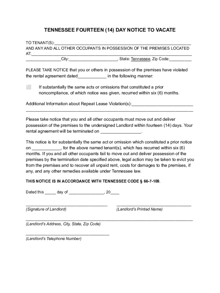 Fillable Online TENNESSEE 14-DAY NOTICE TO PAY RENT OR QUIT Fax Email ...