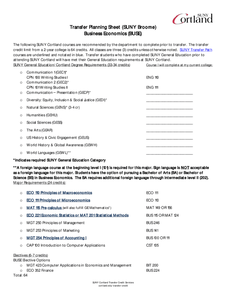 Fillable Online www2 cortland Transfer Planning Sheet (SUNY Broome ...
