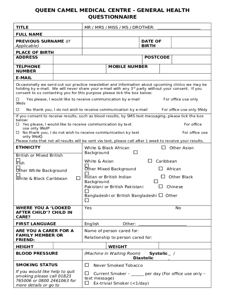 Health QuestionnaireQueen Camel Medical Centre Doc Template | pdfFiller