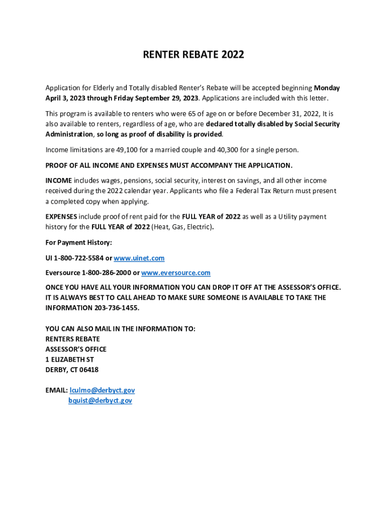 Fillable Online renters' tax relief program for the elderly and totally ...