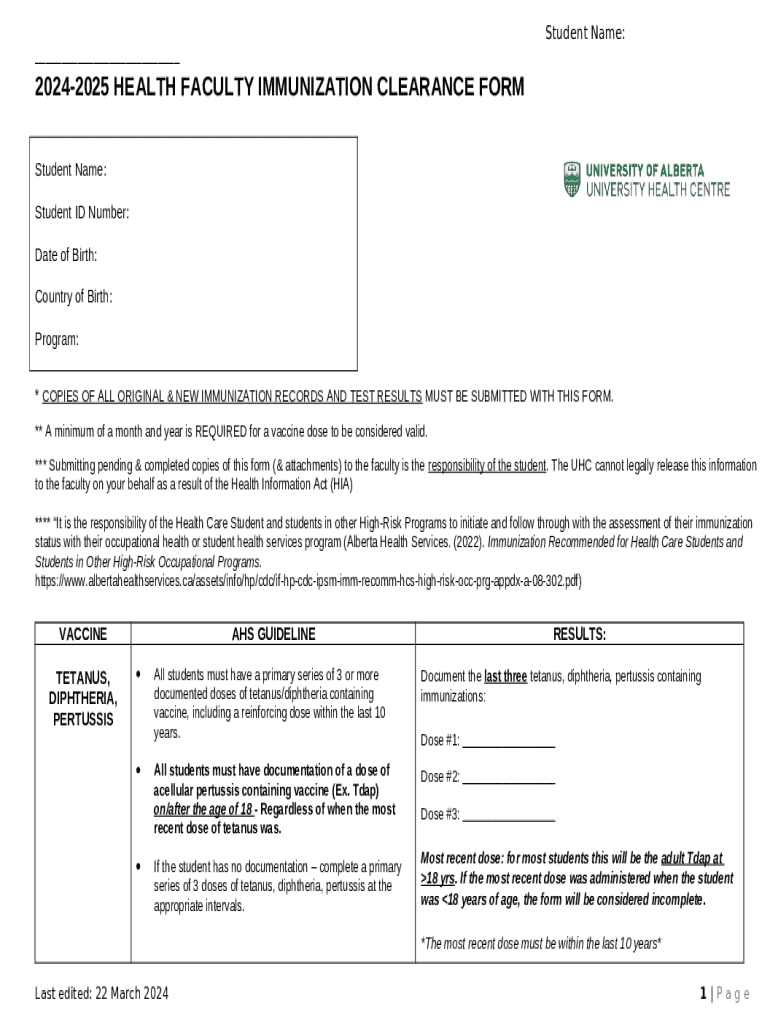 STUDENT IMMUNIZATION CLEARANCE Doc Template | pdfFiller
