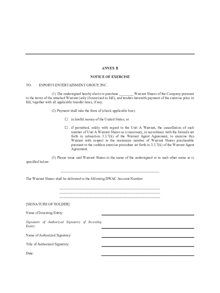 Fillable Online NOTICE OF EXERCISE TO Sample Clauses Fax Email Print ...