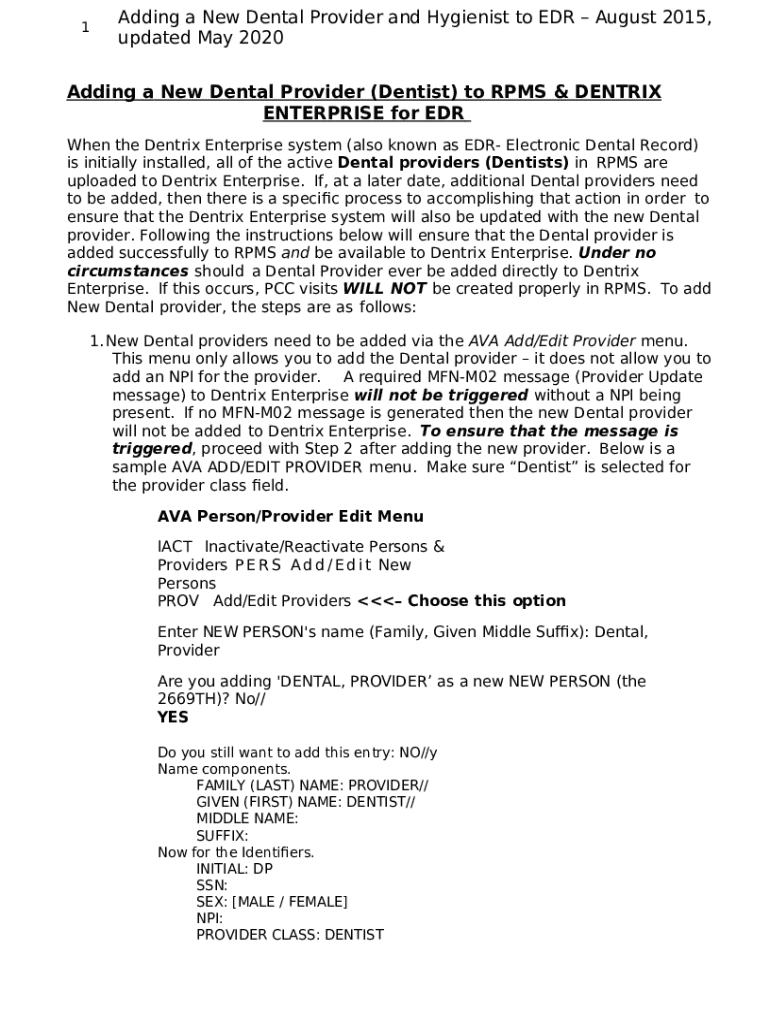 How to a New Dental Provider to RPMS and Dentrix ... Doc Template ...