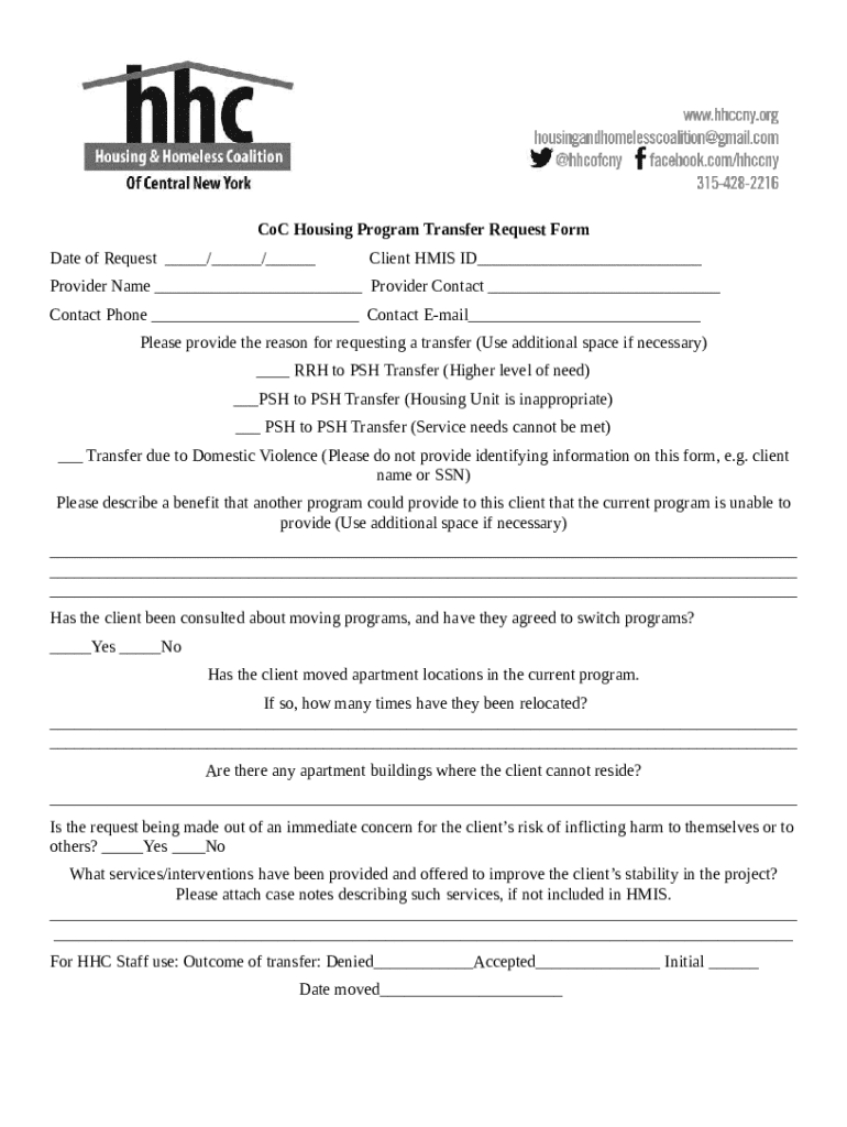CoC Housing Program Transfer Request Doc Template | pdfFiller