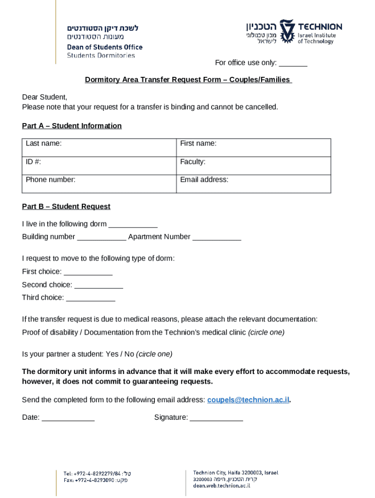 Dormitory Area Transfer Request Doc Template | pdfFiller