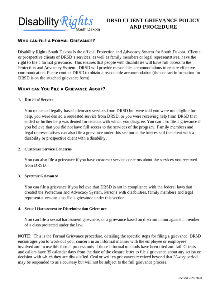 drsd client grievance policy and procedure Doc Template | pdfFiller