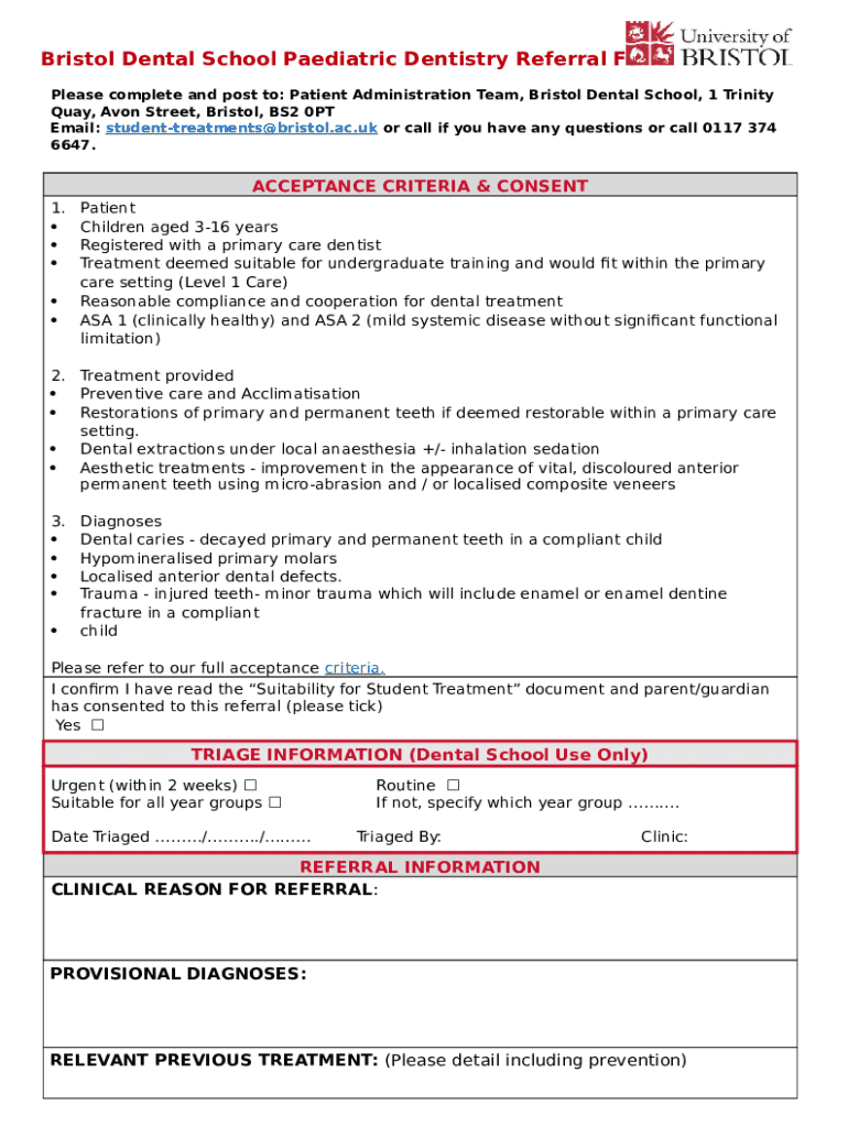 Bristol Dental School Oral Surgery Referral Doc Template | pdfFiller