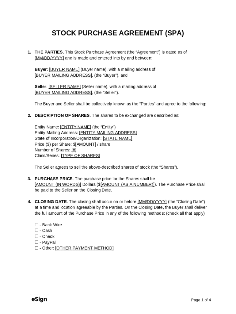 Stock (Shares) Purchase Agreement Doc Template | pdfFiller