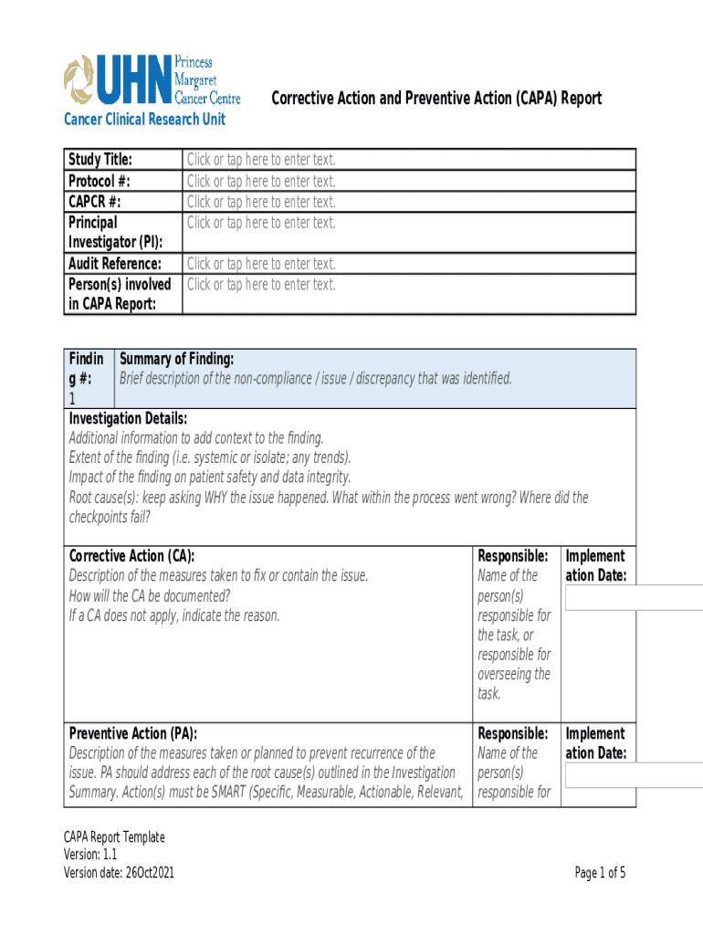 UHN CAPA Report Template Doc Template | pdfFiller