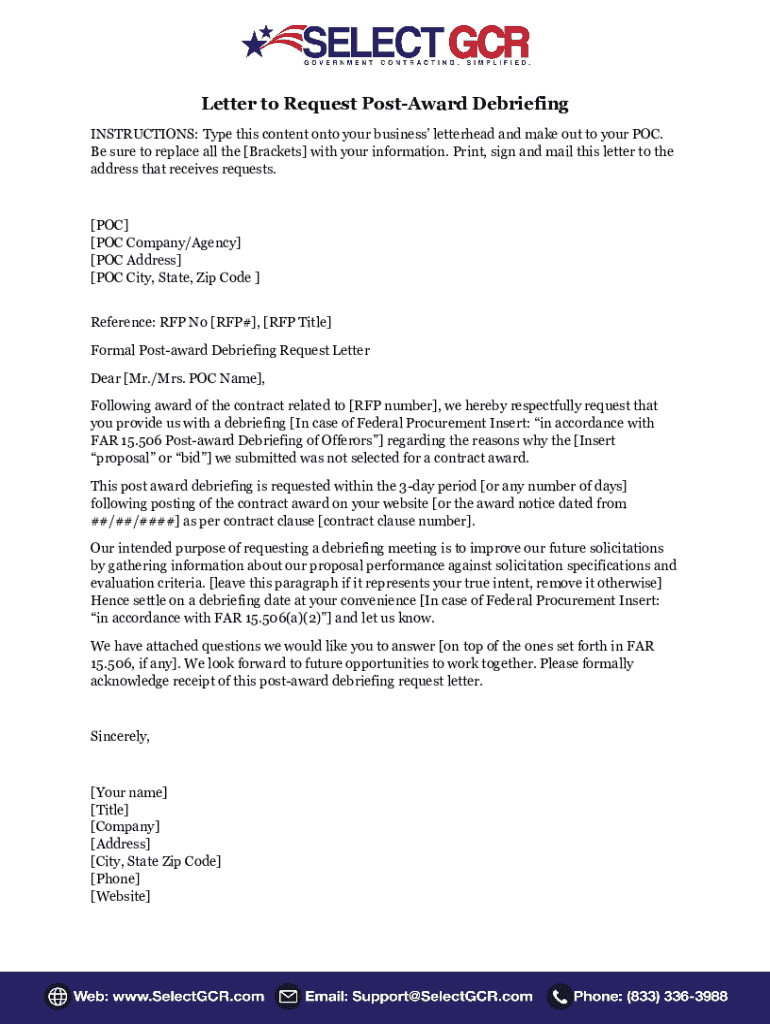 Fillable Online Post-Award Debriefing Request Letter Template Fax Email Print - pdfFiller