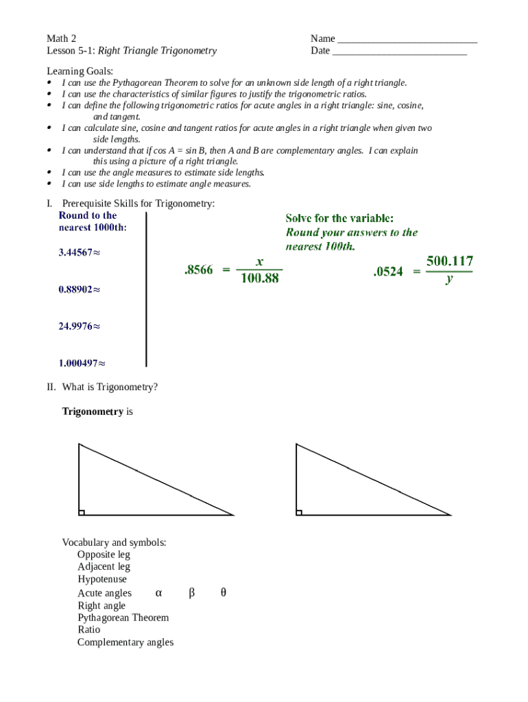SIDES OF RIGHT TRIANGLES (THE PYTHAGOREAN ... Doc Template | pdfFiller