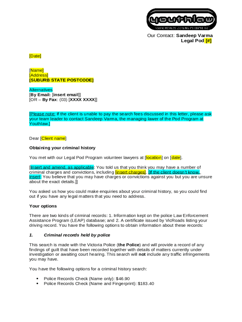 Letter-to-Client-about-Obtaining-Criminal-History. ... - youthlaw asn Doc Template | pdfFiller