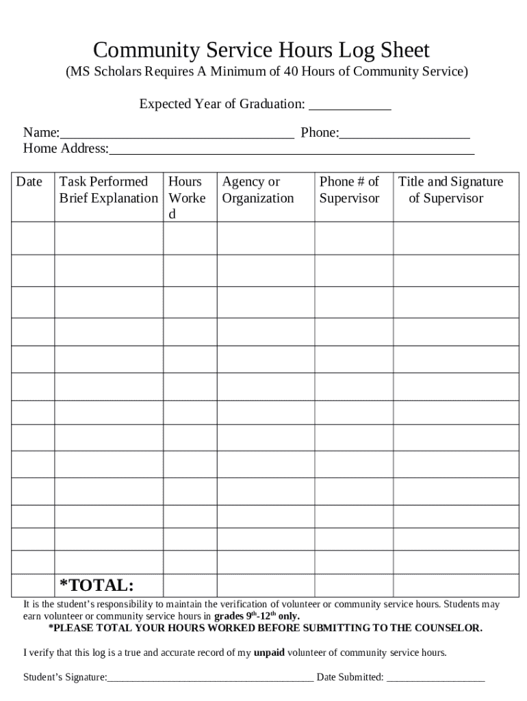 High School Community Service Hours Log Images Pcmac Doc Template